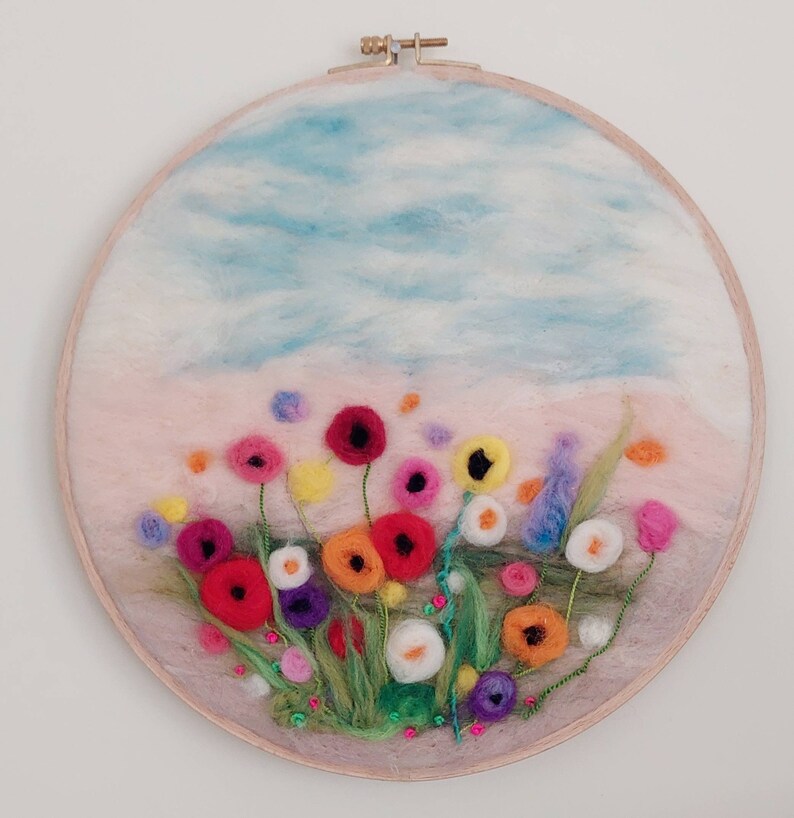 Wild Flowers Wool Painting Landscape Needle Felted Hoop Art, Botanical ...