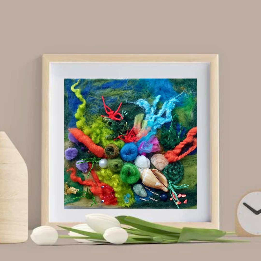 Coral Reef 2D Embroidered Wool Painting, Ocean Botanical Art, Under the ...