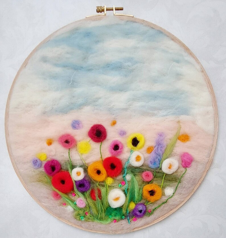 Wild Flowers Wool Painting Landscape Needle Felted Hoop Art, Botanical ...