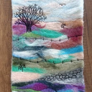 Tree and Green Fields Wool Painting, Landscape Felt Art, Felted Wall ...
