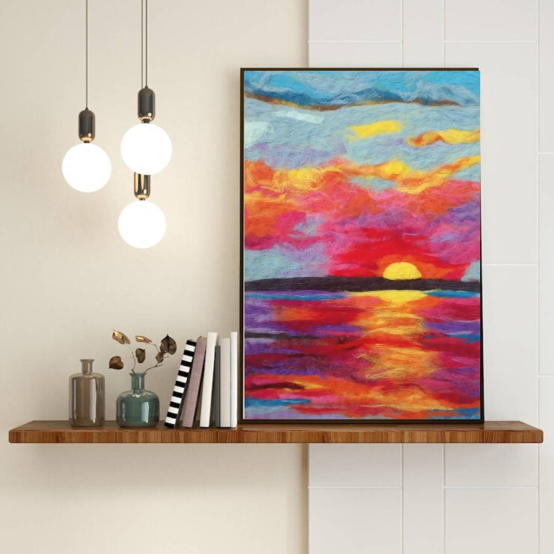 Colorful Sunset Wool Painting: Original Wet Felted Landscape Art ...