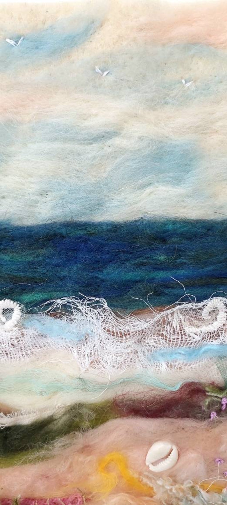 Seaescape Felted Wool Wall Art: Beaded Ocean Textile Painting - Etsy