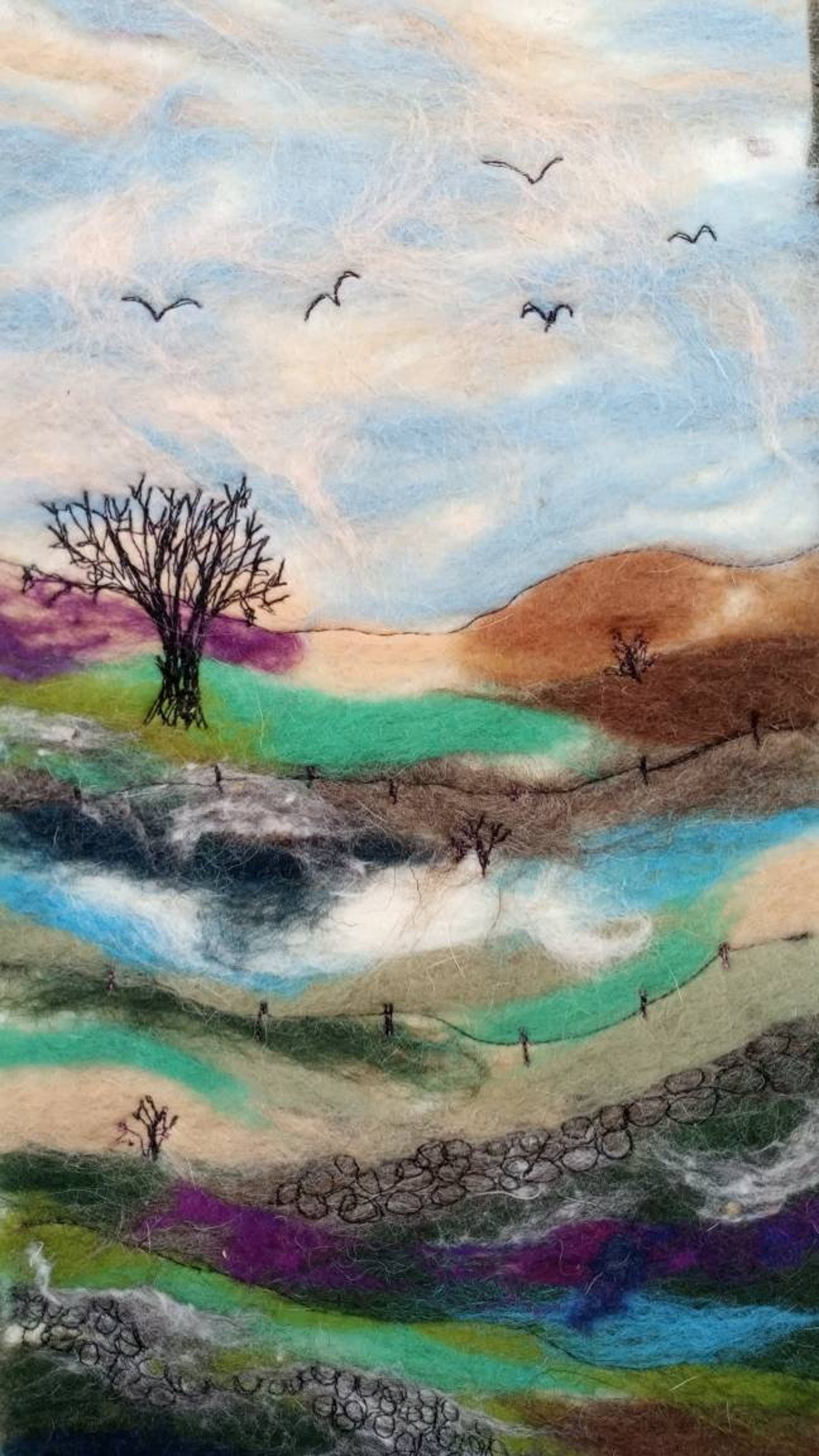 Tree and Green Fields Wool Painting Landscape Felt Art - Etsy