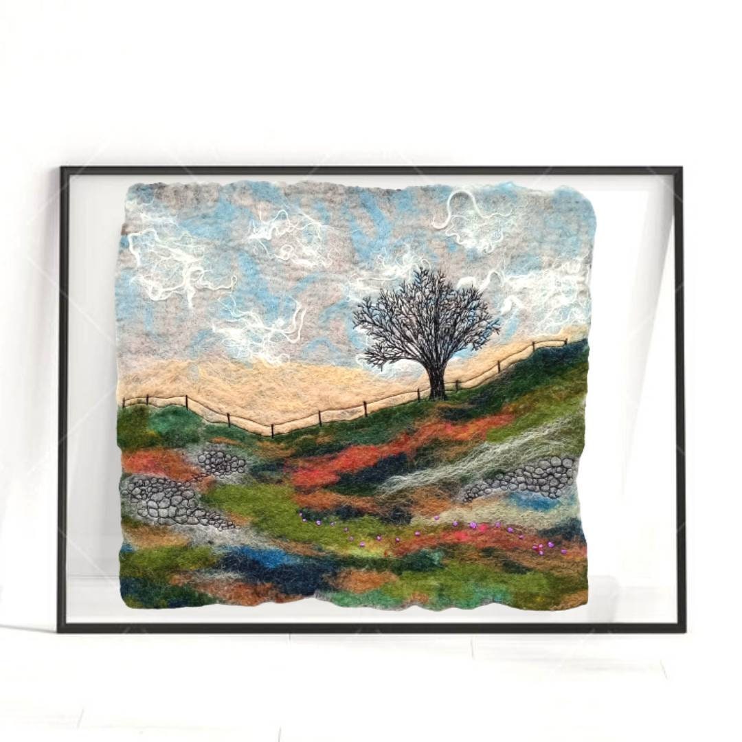 Tree and Green Hill Landscape Wool Painting Nature Felt Wall | Etsy