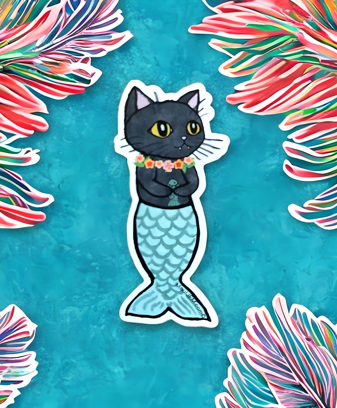 Mermaid Cat Sticker | Meow-maid Matte Vinyl Sticker | Black Cat ...