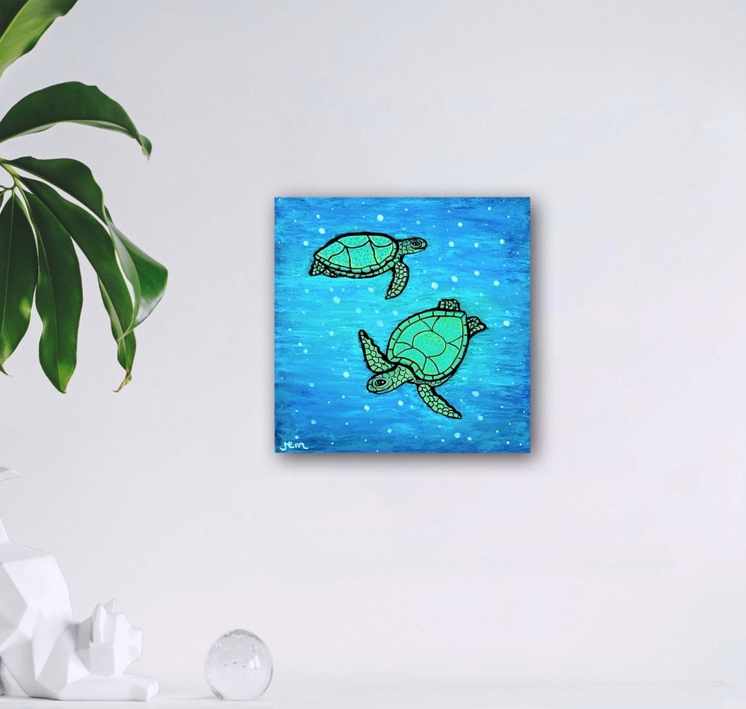 Sea Turtle Art Original Acrylic Painting on 8 Inch Wood Canvas Happy ...