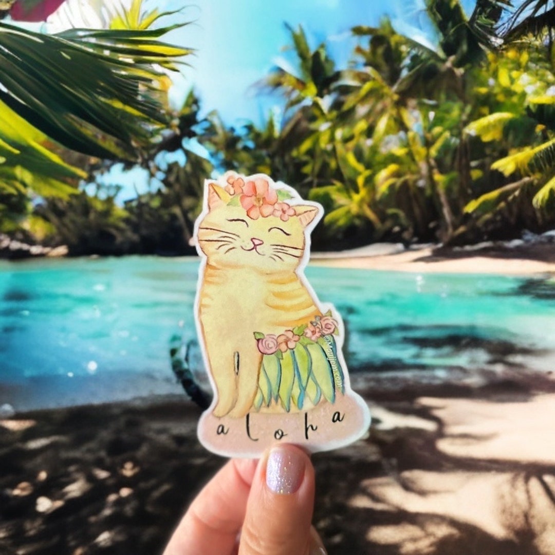 Hula Cat Sticker: Aloha Floral Design - Made on Maui - Etsy