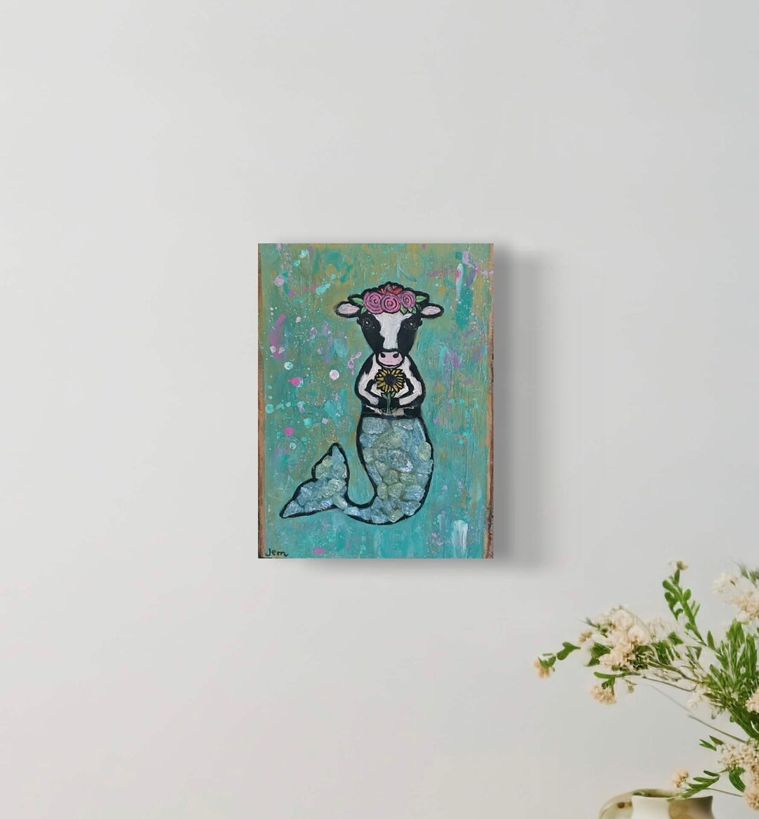 Mermaid Cow Sea Glass Art | Mermoo Painting | 11” Wood Cow | Whimsical ...