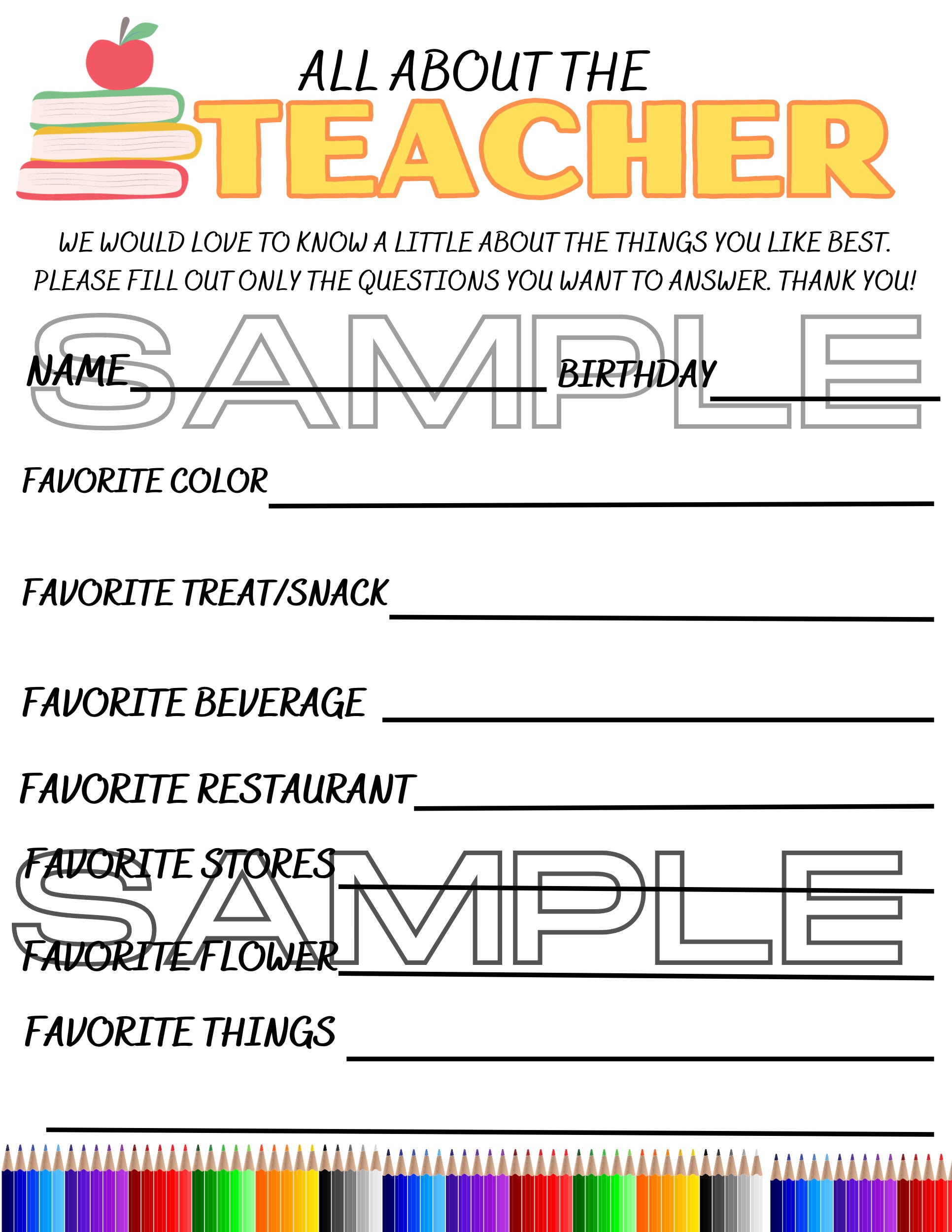 A Little About Me/teacher Form - Etsy