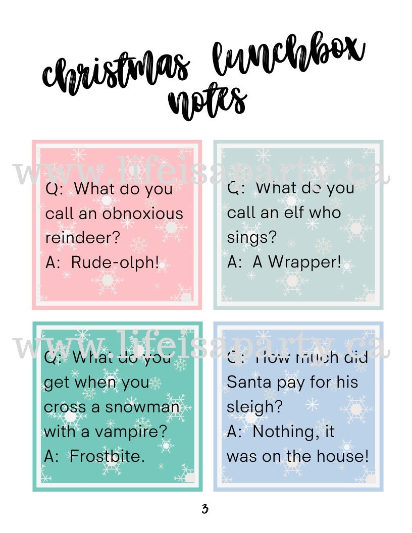 Christmas Jokes Lunch Box Notes/lunch Box Notes/printable Christmas ...