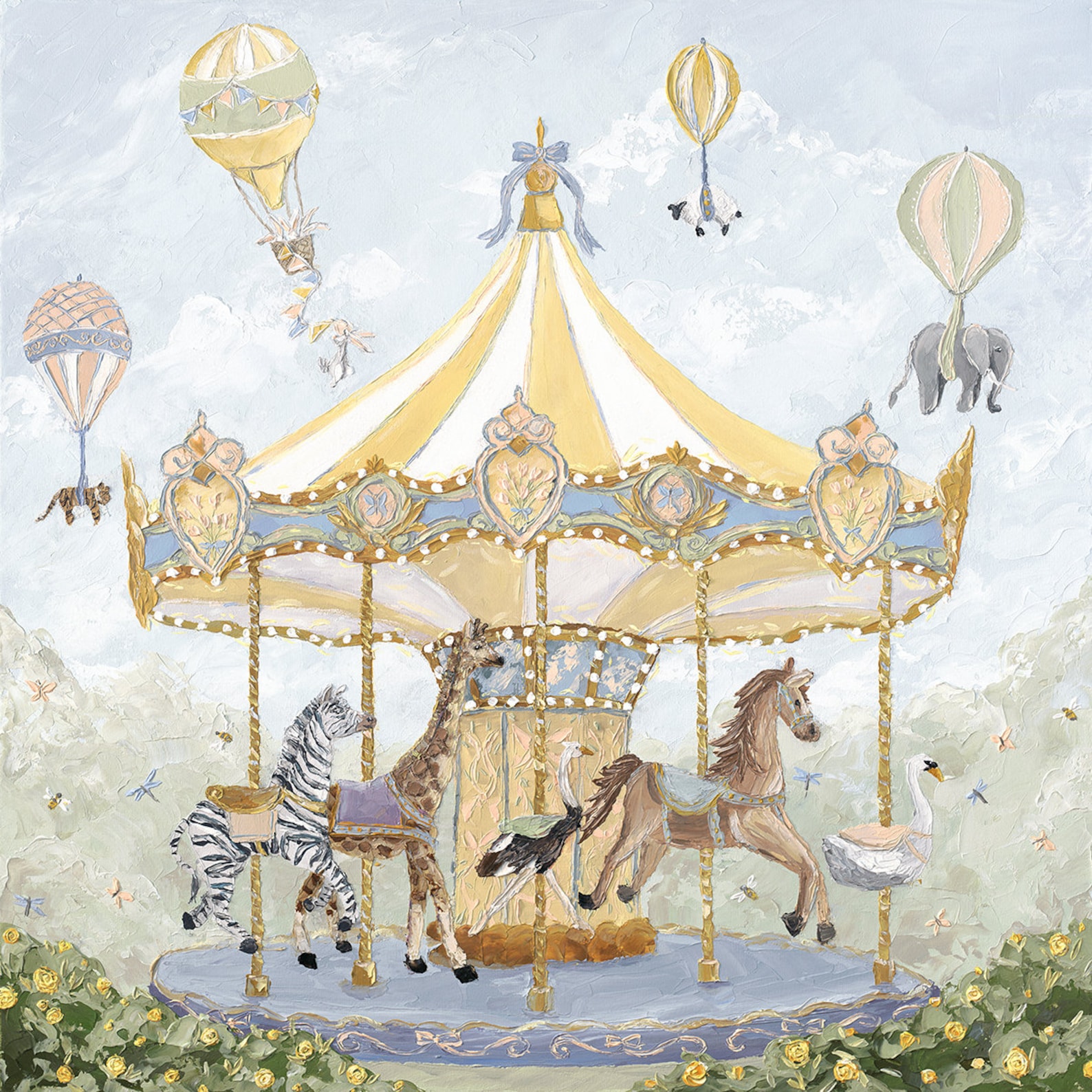 Carousel Nursery Painting, Children's Art, Zoo Animals, Hot Air ...