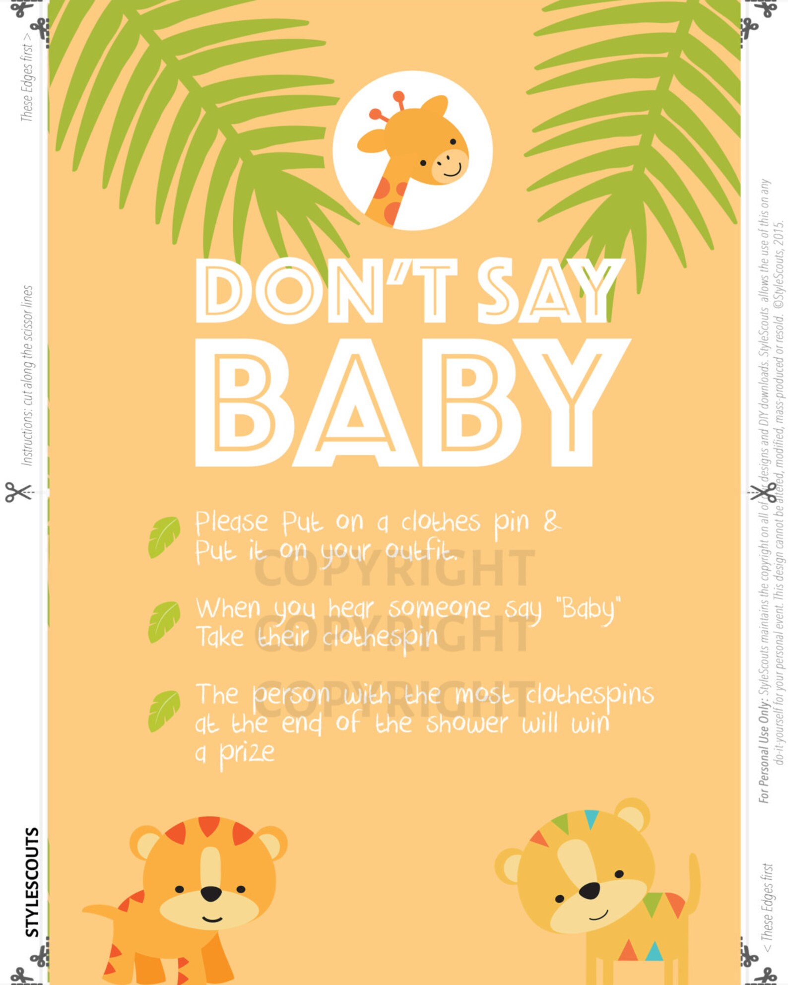 Giraffe Baby Shower Games Printable Don't Say Baby Clothespin Game ...