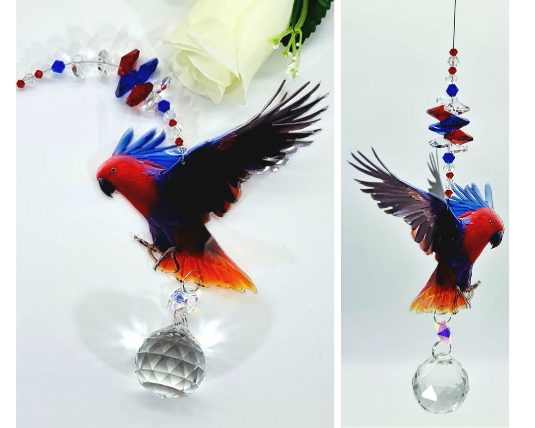 Eclectus Parrot Crystal Suncatcher Gift, Red Blue Window Hanging Prism ...