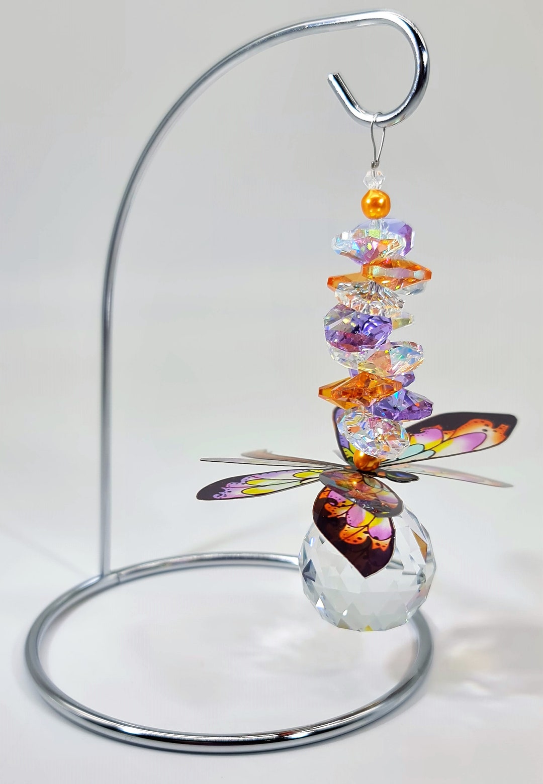 Dragonfly Crystal Suncatcher on Stand, Lilac / Orange Rainbow Color ...