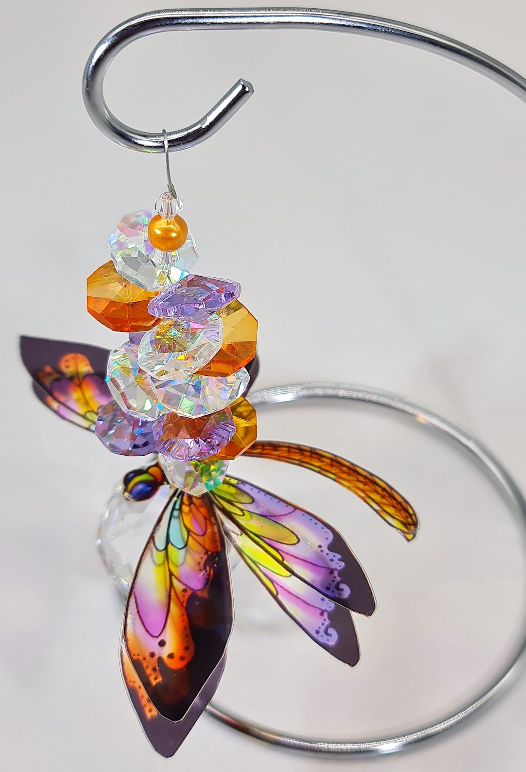 Dragonfly Crystal Suncatcher on Stand, Lilac / Orange Rainbow Color ...