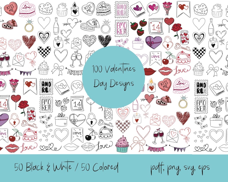Valentine's Day Clip Art Including 100 Designs. Pdf, Png, Svg, Eps ...