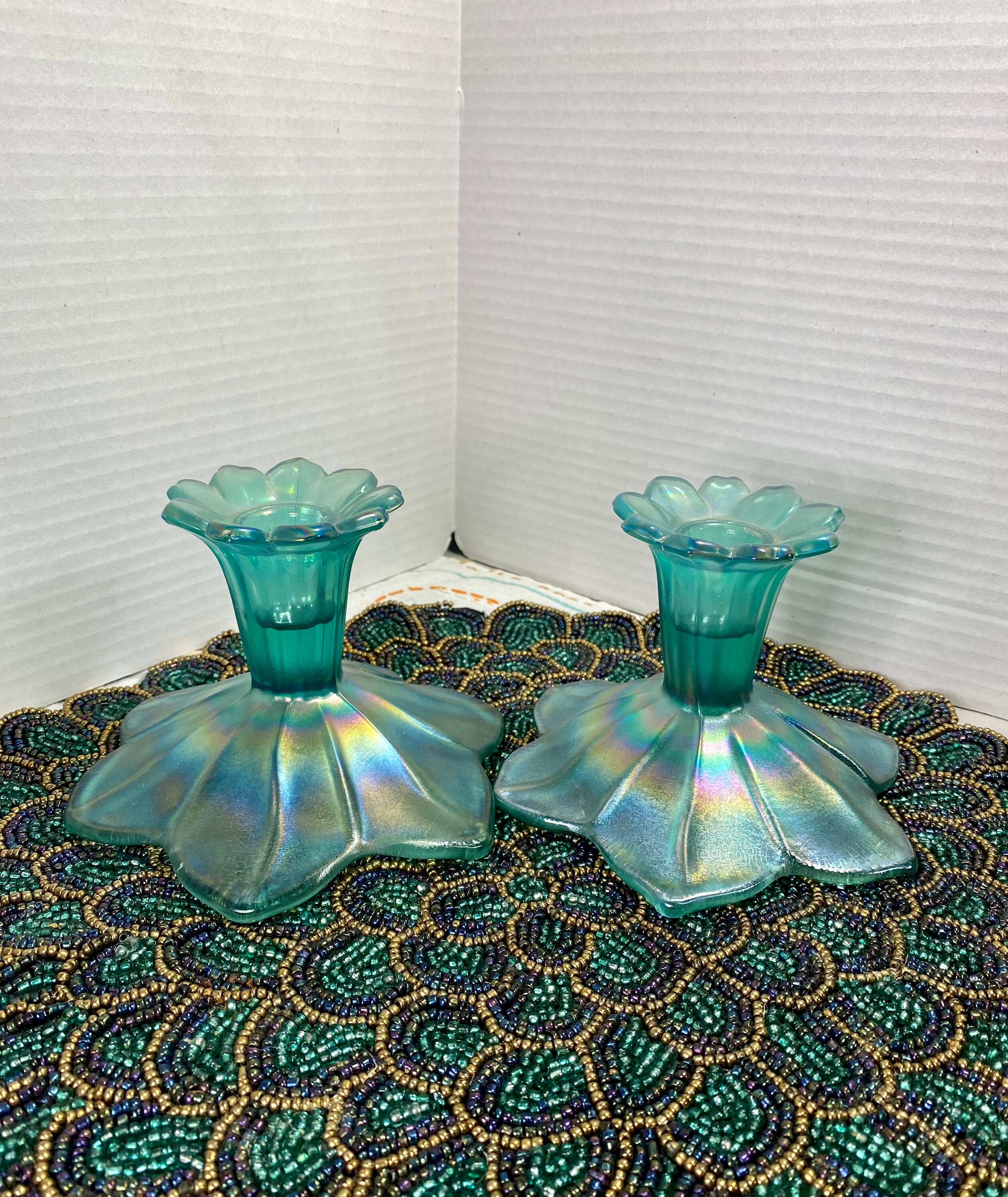 Pair of 4 Fenton Stiegel Green Stretch Glass Candle Holders 5526 - Etsy