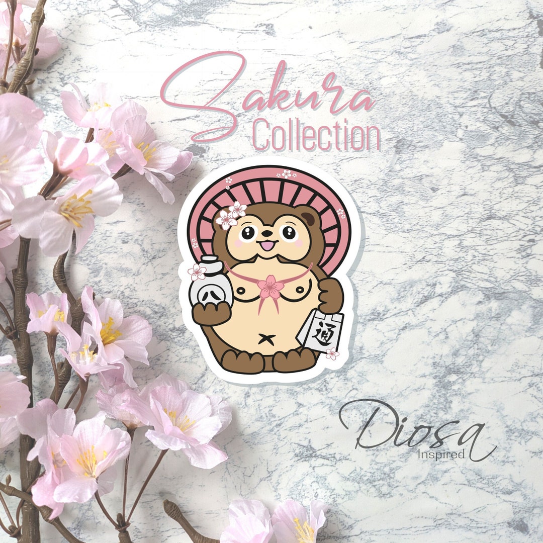 Sakura Tanuki Sticker: Japanese Raccoon Good Luck Vinyl - Etsy
