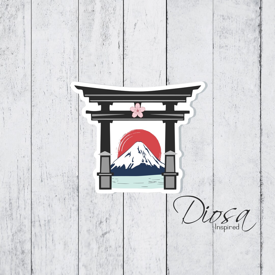 Mount Fuji Torii Gate Sakura Sticker, Kawaii Sticker, Mountain Sticker ...