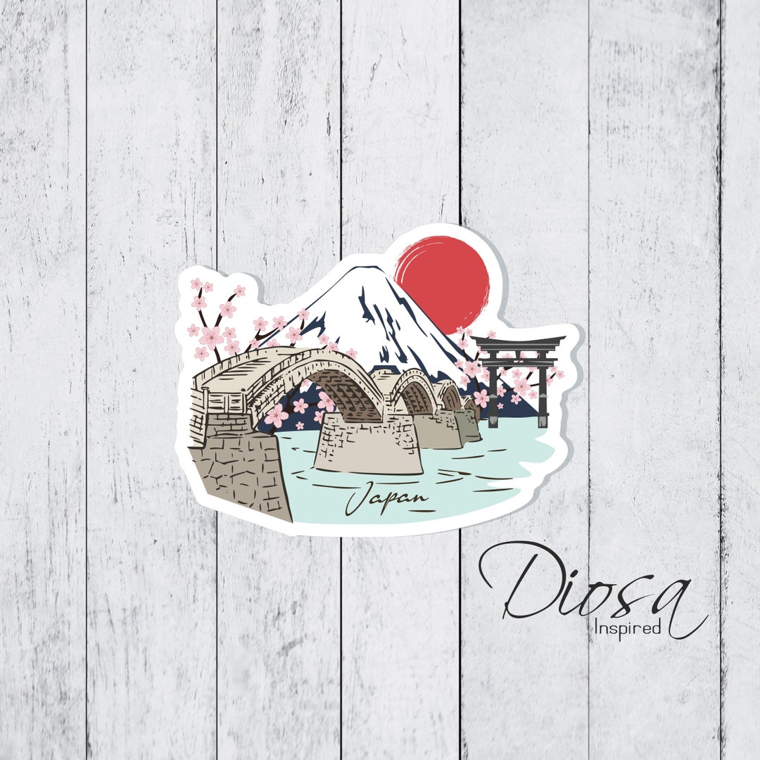 Mount Fuji Kintai Bridge Torii Gate Sakura Sticker, Kawaii Sticker ...