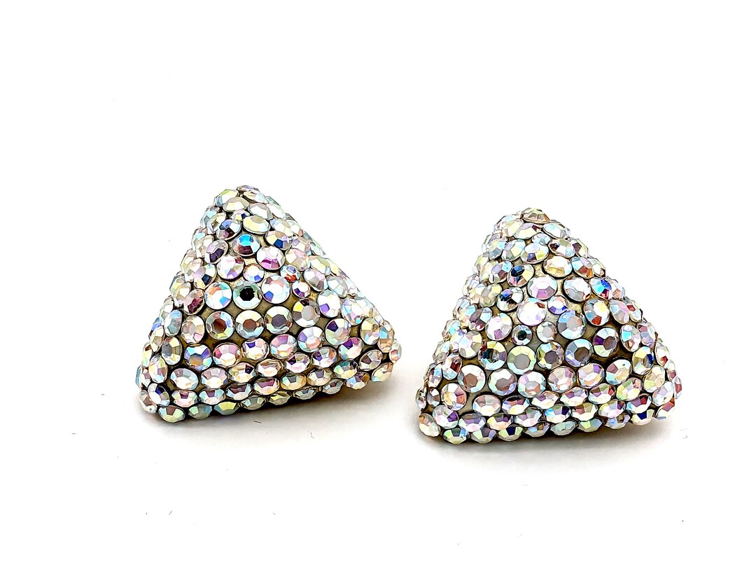Signed Richard Kerr Pave Aurora Borealis Crystal Triangle Clip Earrings ...