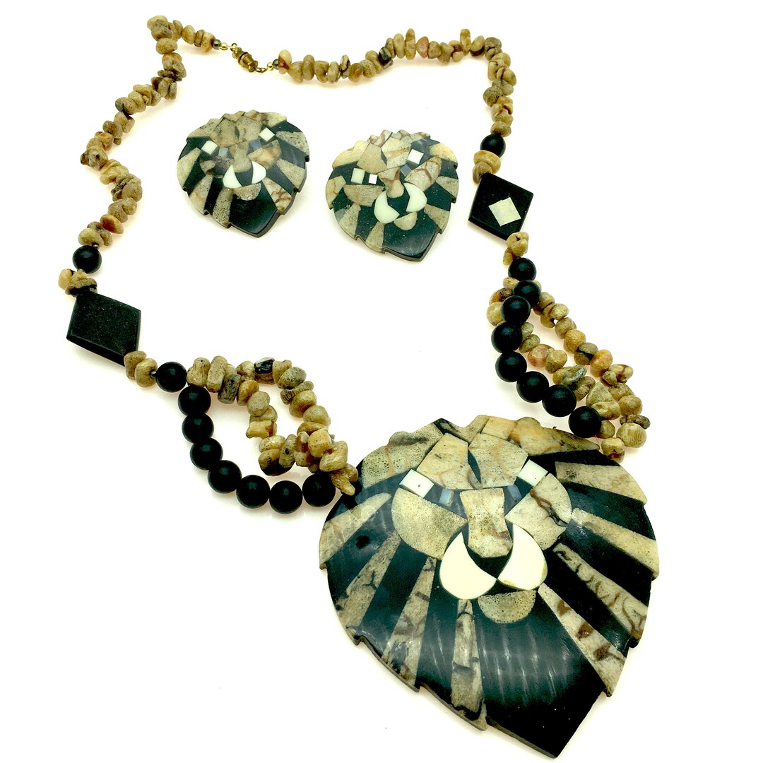 Vintage Lee Sands Lion Head Inlay Necklace & Earring Set - Etsy