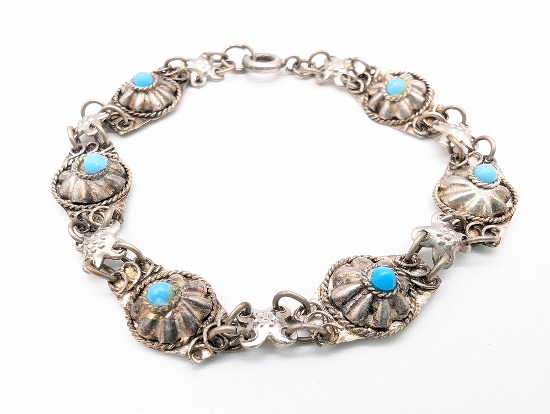 Antique Israeli-made 800 Silver & Turquoise Floral Link Bracelet - 7" - Etsy