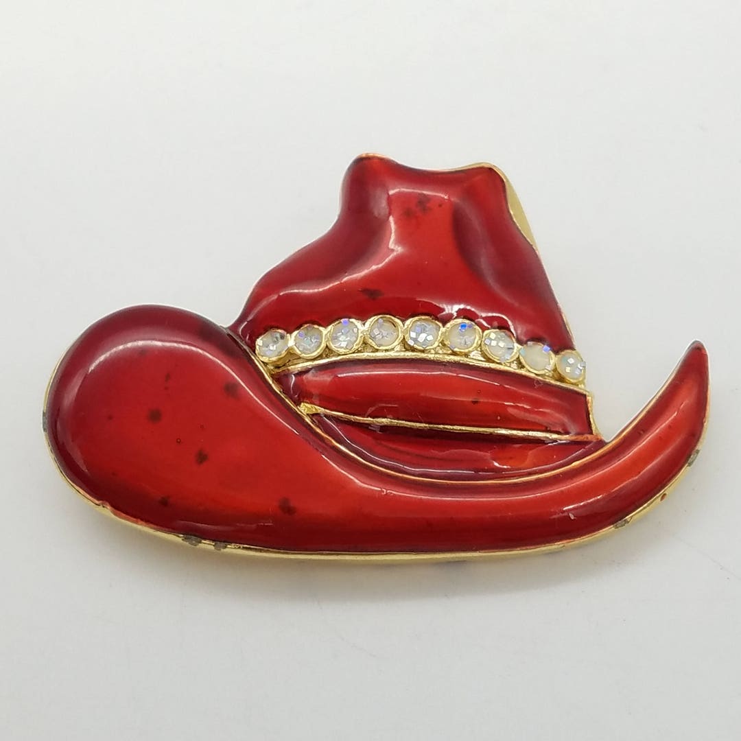 Vintage Enameled Red Cowboy Hat Brooch With Rhinestone Accent & Gold ...