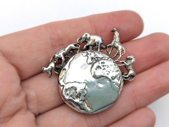Vintage Earth Day Globe Animals Brooch / Pendant - Gem