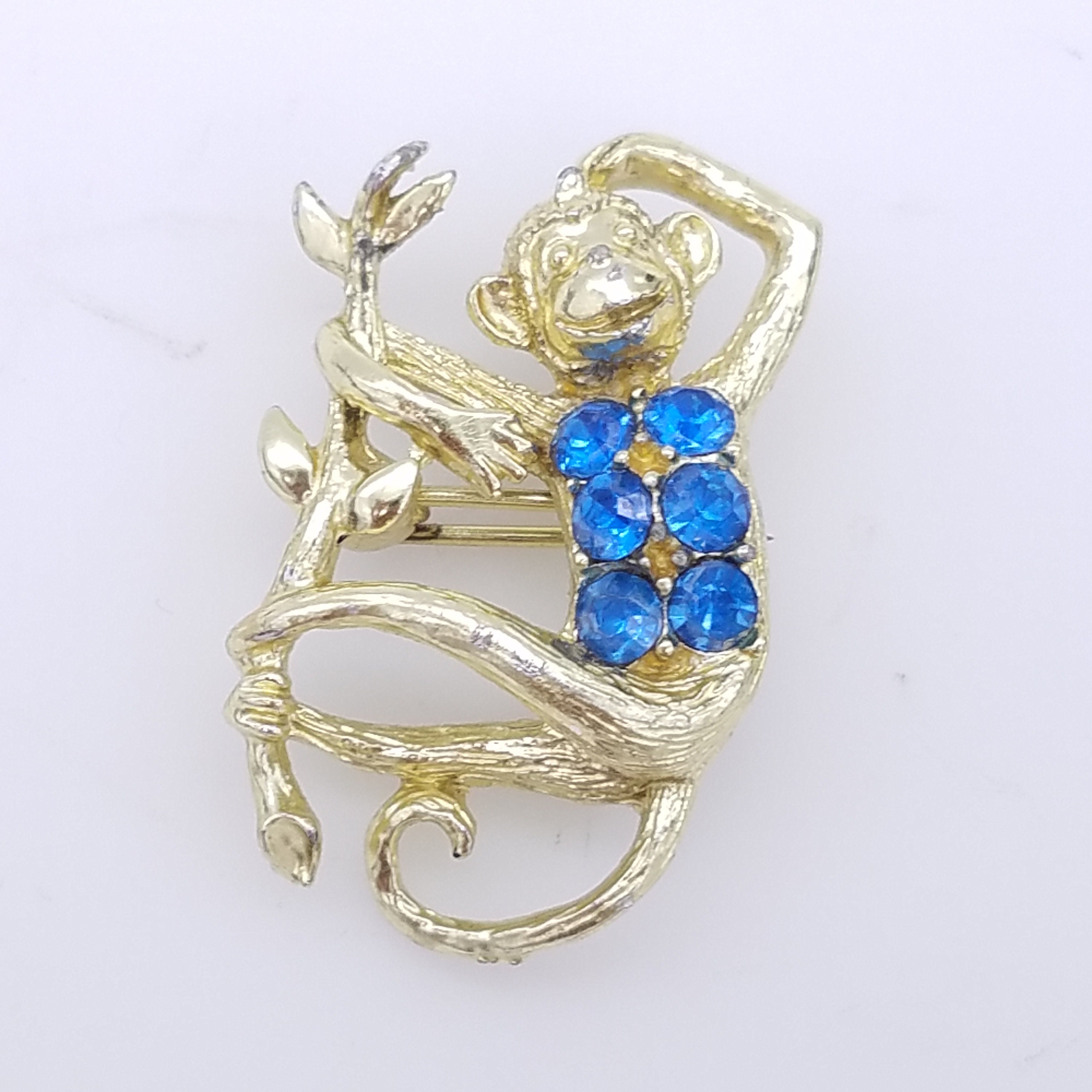 Vintage Blue Rhinestone Monkey Brooch - Etsy