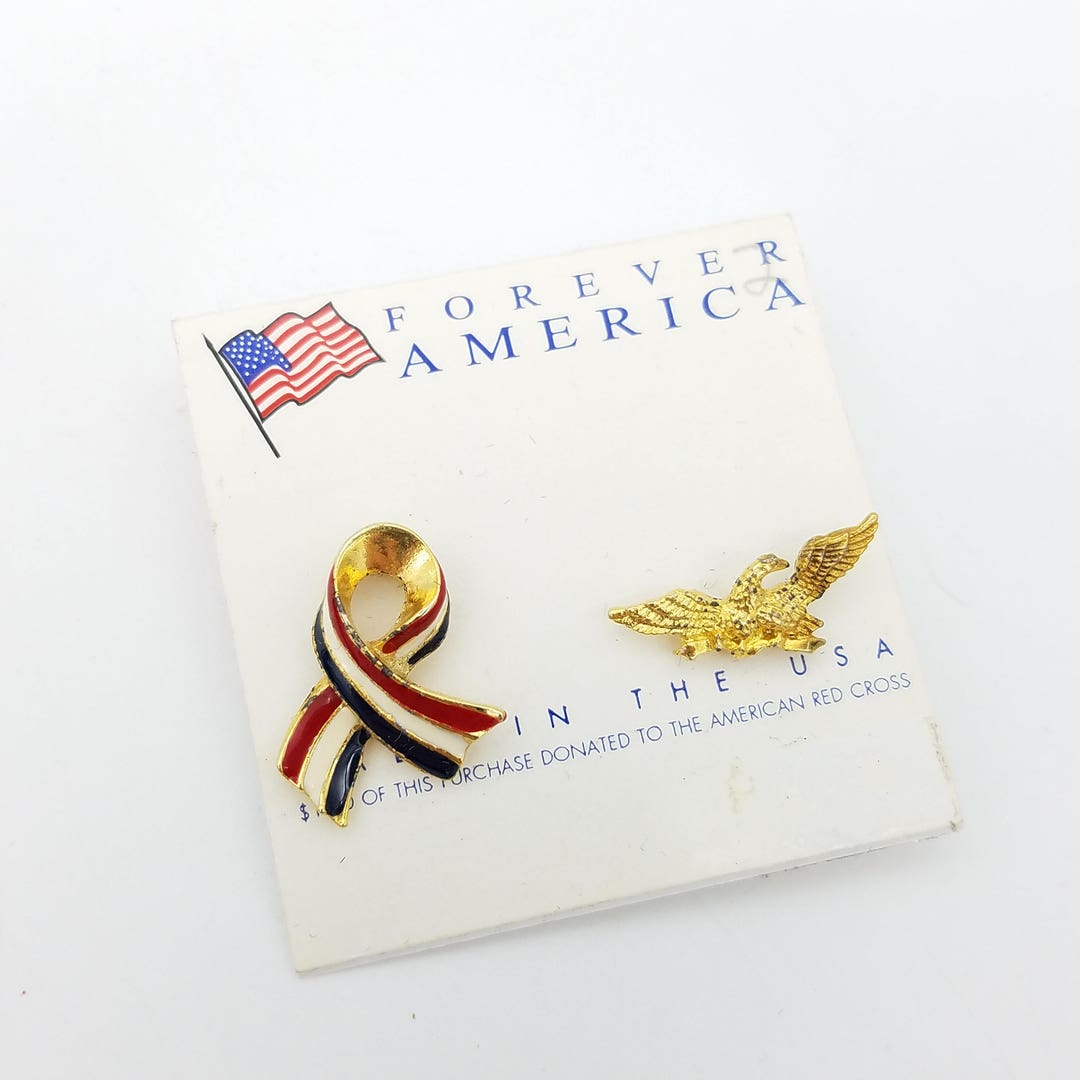 Set of 2 Forever America Patriotic Pins, Enamel Flag Ribbon & Golden ...