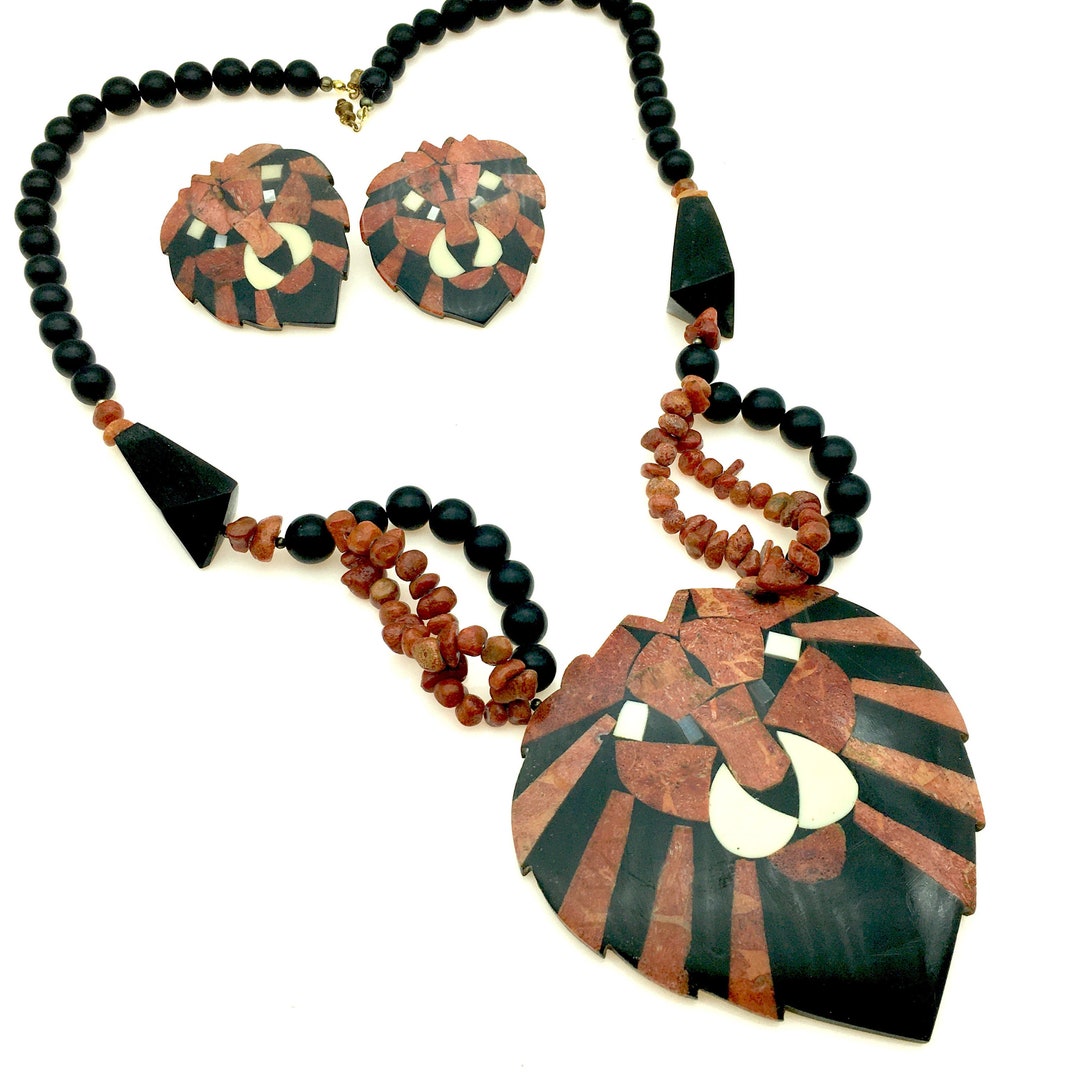 Vintage Lee Sands Lion Head Inlay Necklace & Earring Set - Etsy
