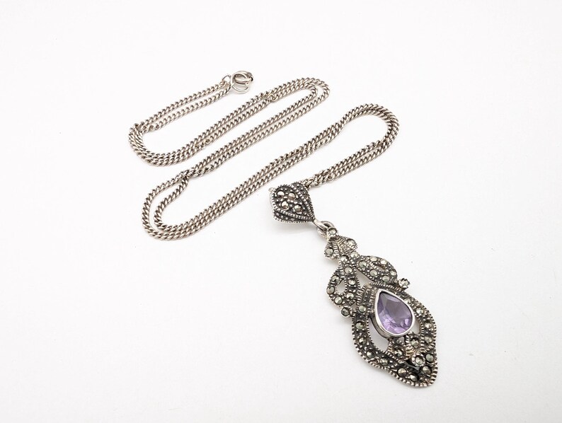 Amethyst, Marcasite & Sterling Silver Art Deco Style Pendant Necklace ...