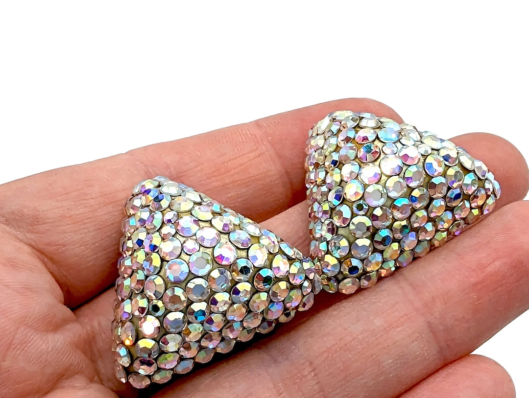 Signed Richard Kerr Pave Aurora Borealis Crystal Triangle Clip Earrings ...