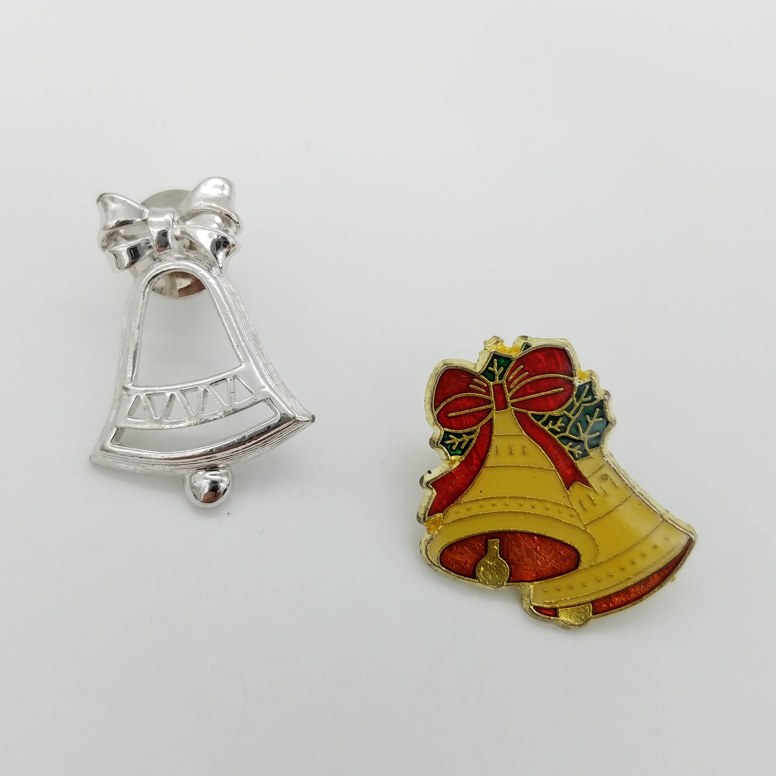 Two Vintage Holiday Bells Pins, One Silver, One Red and Yellow Enamel ...