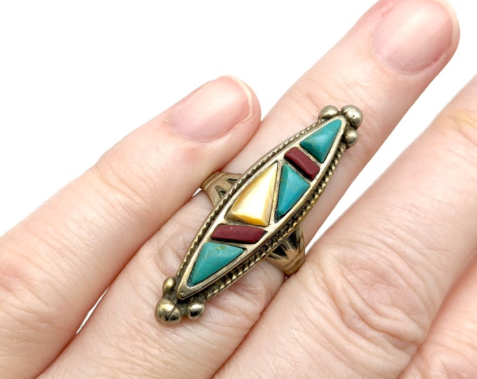 Vintage Native Made Sterling Silver, Turquoise & Red Coral Ring - Size ...