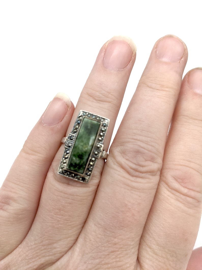 Old Stock Sterling Silver Jade & Marcasite Ring Signed Theda | Etsy