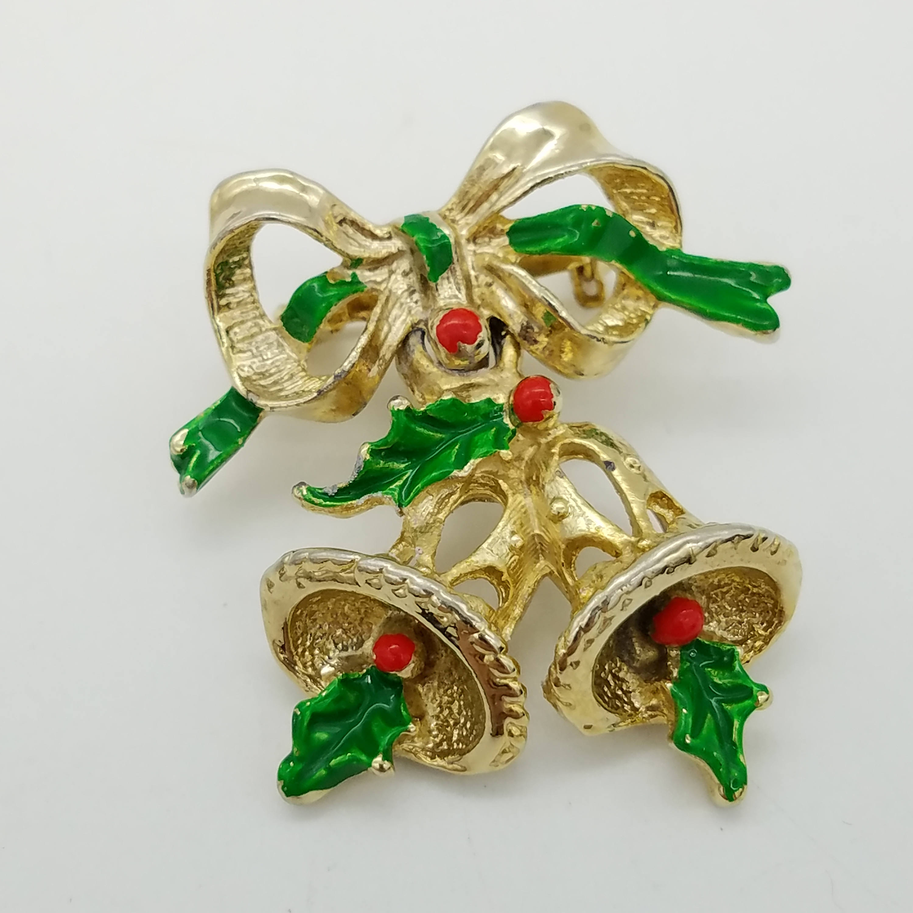 Vintage Golden Christmas Bell & Bow Brooch With Holly and - Etsy