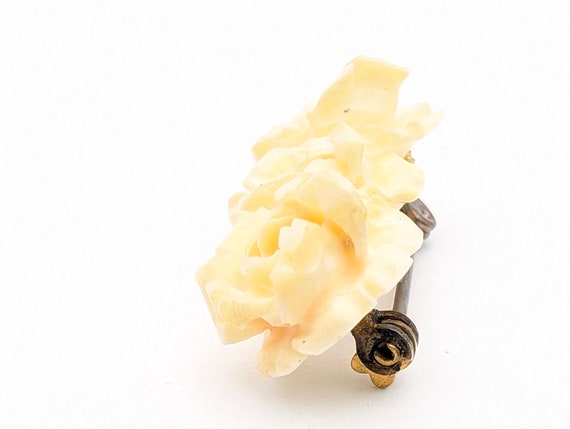 Antiqued Carved Celluloid Rose Flower Brooch - 1.25" - Gem