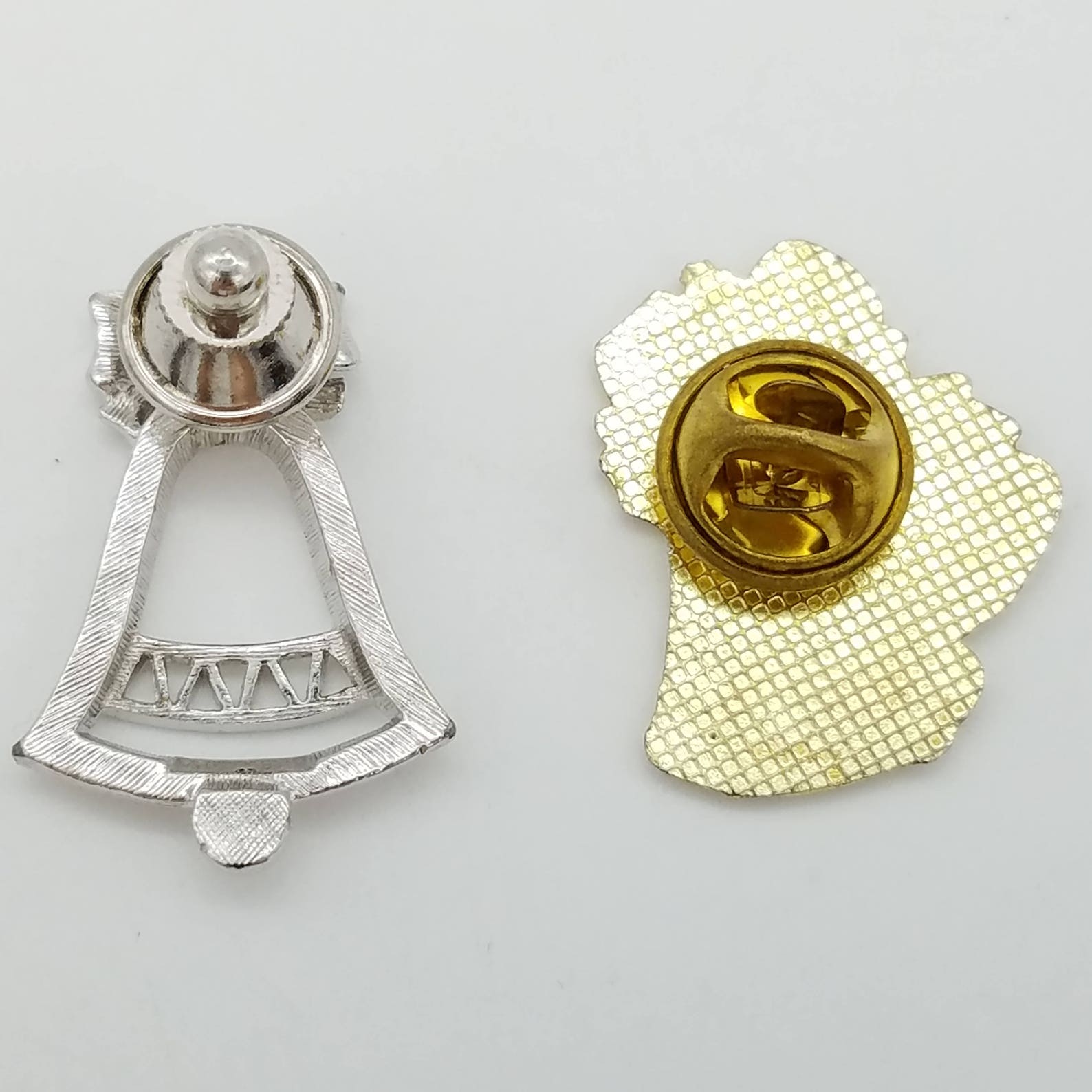 Two Vintage Holiday Bells Pins, One Silver, One Red and Yellow Enamel ...