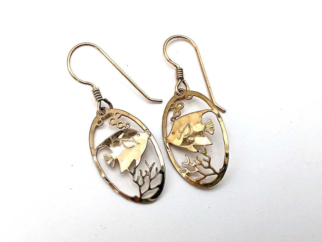 Vintage 14k Gold Plated Angel Fish Dangle Earrings Signed Wild Bryde - Etsy