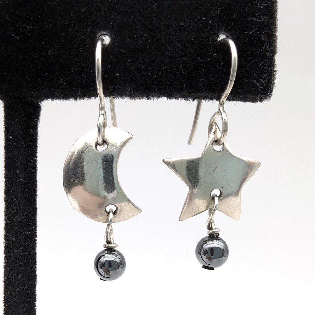 Sterling Silver & Hematite Moon and Star Earrings - Etsy