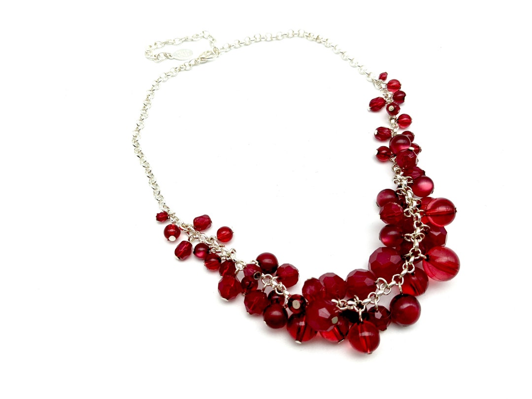Vintage Robert Rose Red Bead & Silver Tone Bib Necklace - 17.5 ...