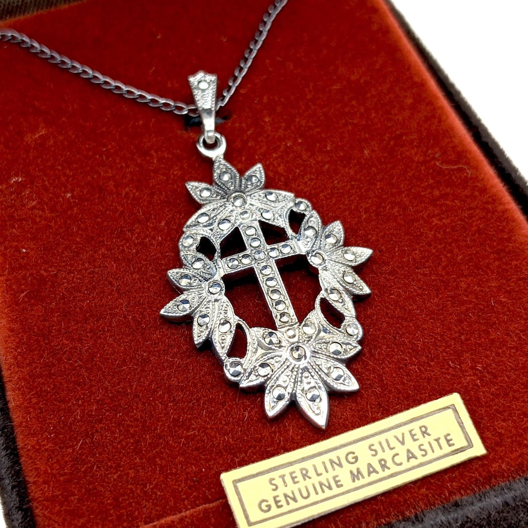 Art Deco Sterling Silver & Marcasite Cross Pendant Necklace - 18" - Etsy