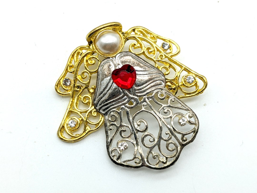 Vintage Gold & Silver Tone Angel Brooch With Heart Rhinestone Center - Etsy