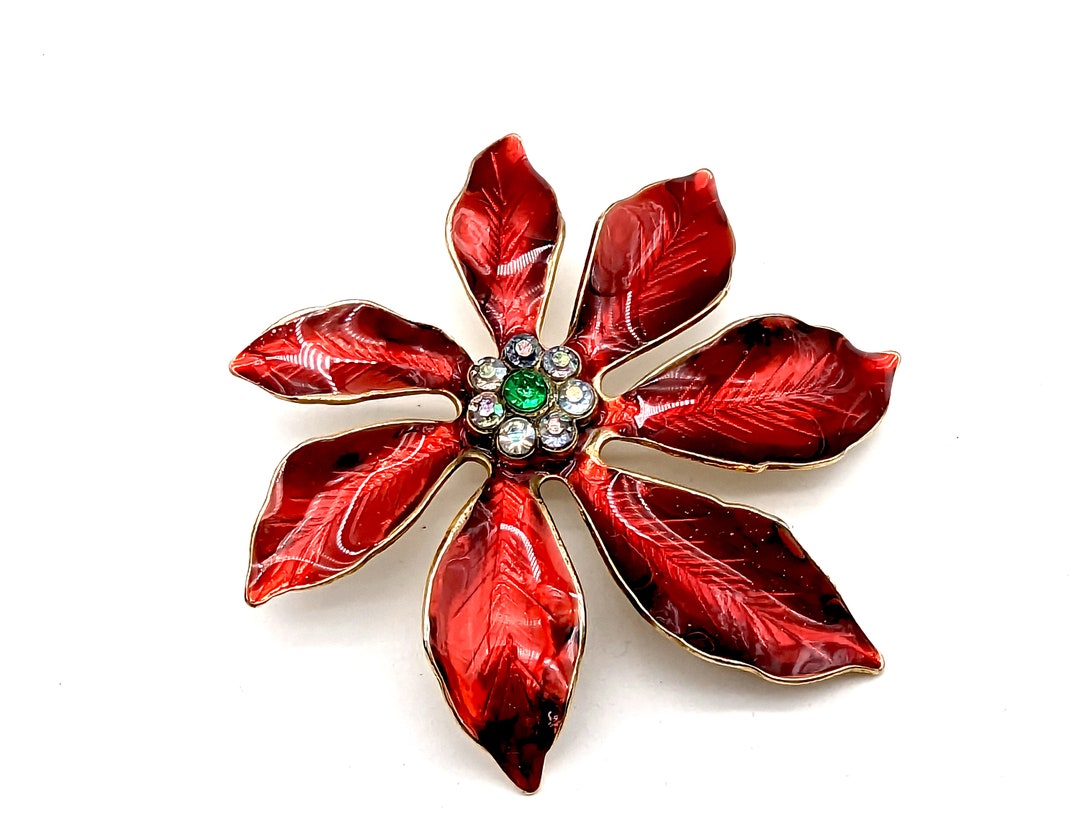 Vintage Guilloche Enamel & Rhinestone Red Poinsettia Holiday Brooch - Etsy