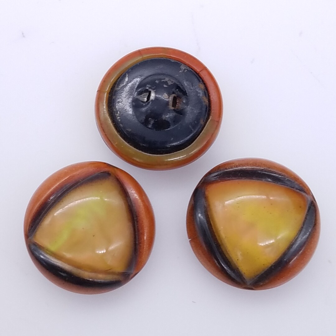 Set of 3 Antique Brown & Faux Opal Celluloid Buttons With Metal Backs ...