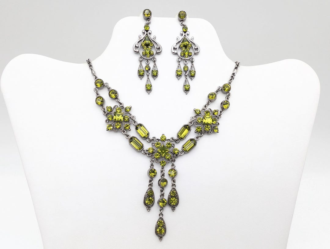Ornate Olive Green Rhinestone and Gunmetal Gray Bib Necklace & Dangle ...