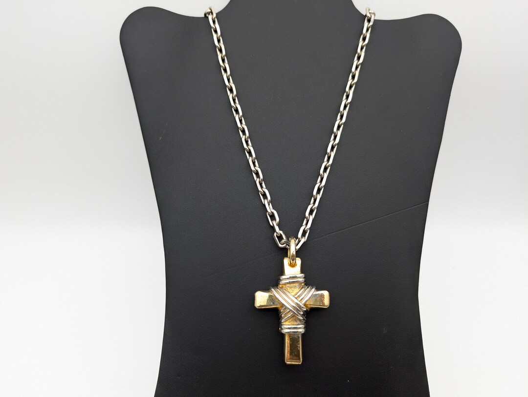 Heavy Vintage Stainless Steel Cross Pendant Necklace Continuous Chain ...