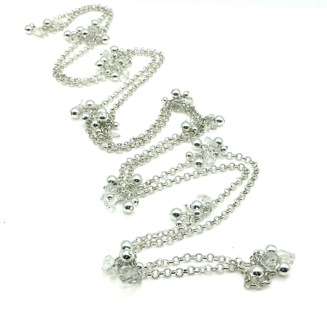 Extra Long Silver Tone Chain With Silver and Clear Dangling Beads - 56 ...